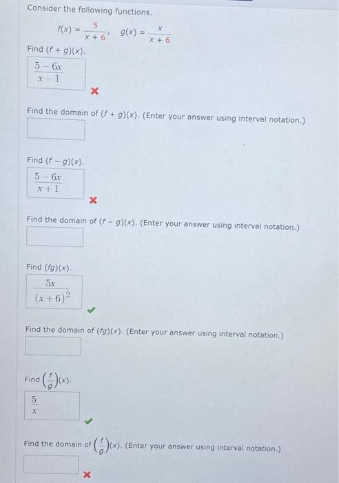 Solved Consider the following functions. f(x)=x+65,g(x)=x+6x | Chegg.com