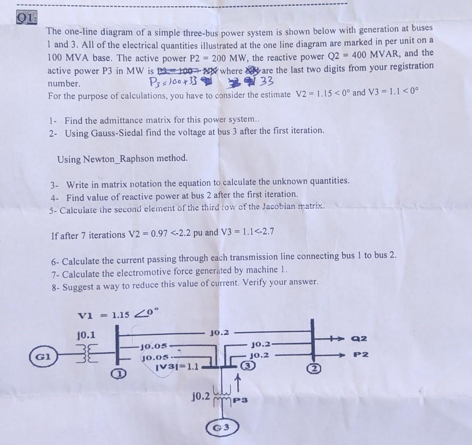 Solved 01: The one-line diagram of a simple three-bus power | Chegg.com