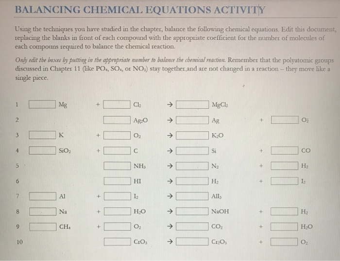 Solved BALANCING CHEMICAL EQUATIONS ACTIVITY Using the | Chegg.com