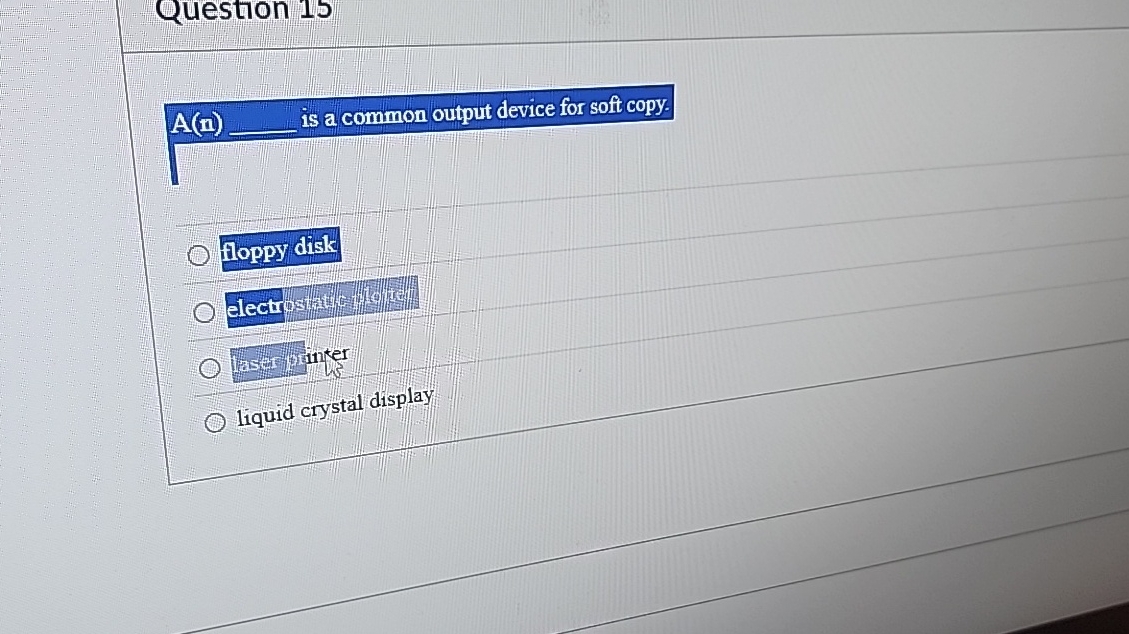 Solved Question 15A(n) q, ﻿is a common output device for | Chegg.com