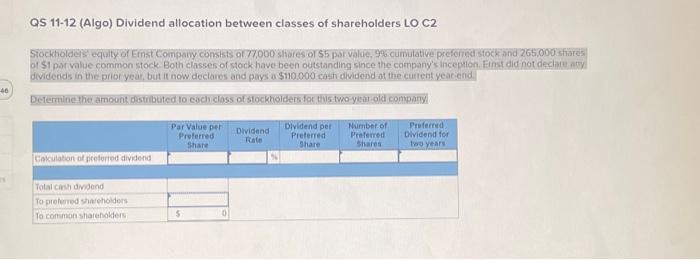 Solved QS 11-12 (Algo) Dividend allocation between classes | Chegg.com