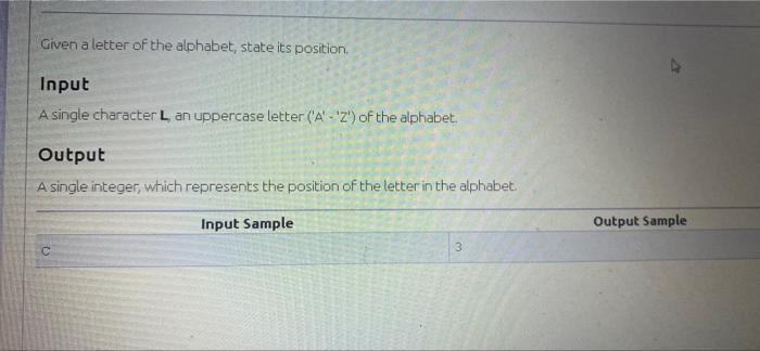 Solved Given a letter of the alphabet, state its position | Chegg.com