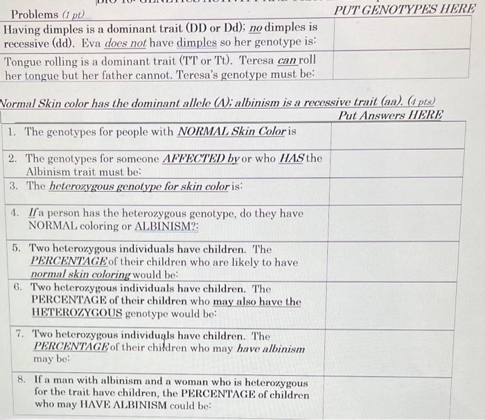 Solved Problems (1 pt) PUT GENOTYPES HERE Having dimples is | Chegg.com