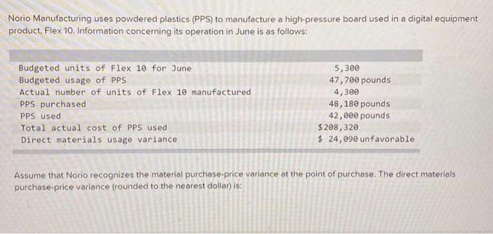 Solved Norio Manufacturing uses powdered plastics (PPS) to | Chegg.com