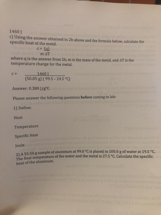 Solved Pre-Lab Assignment. Specific Heat Name Heat flows | Chegg.com