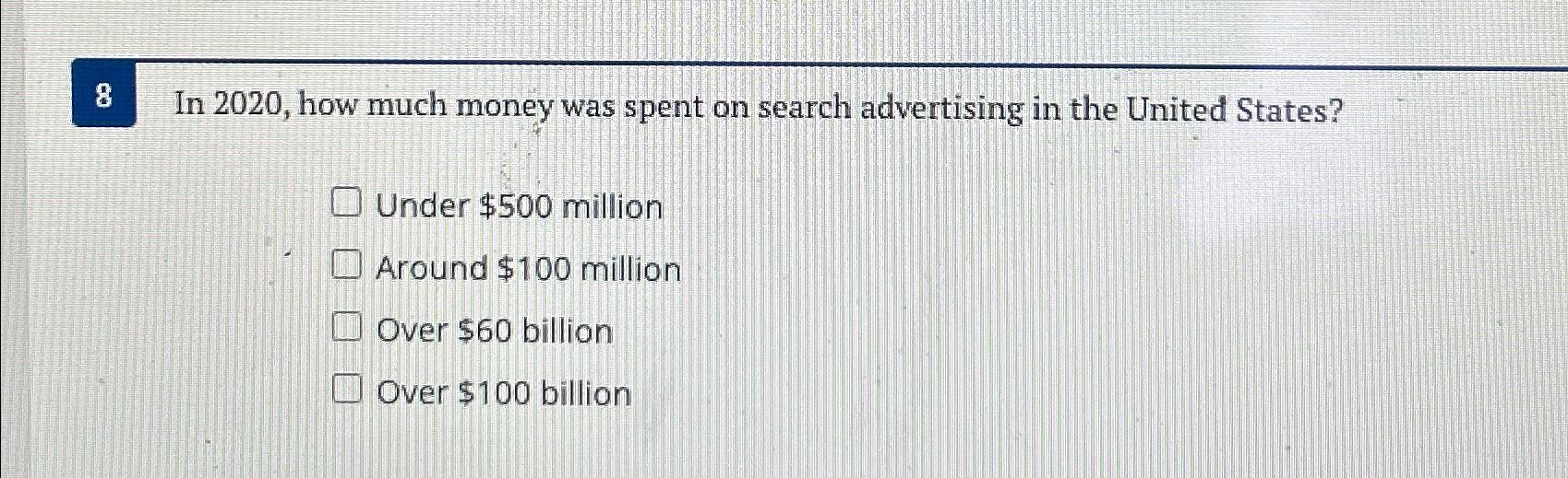 Solved 8 ﻿In 2020, ﻿how much money was spent on search | Chegg.com