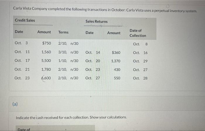 Solved Carla Vista Company completed the following | Chegg.com