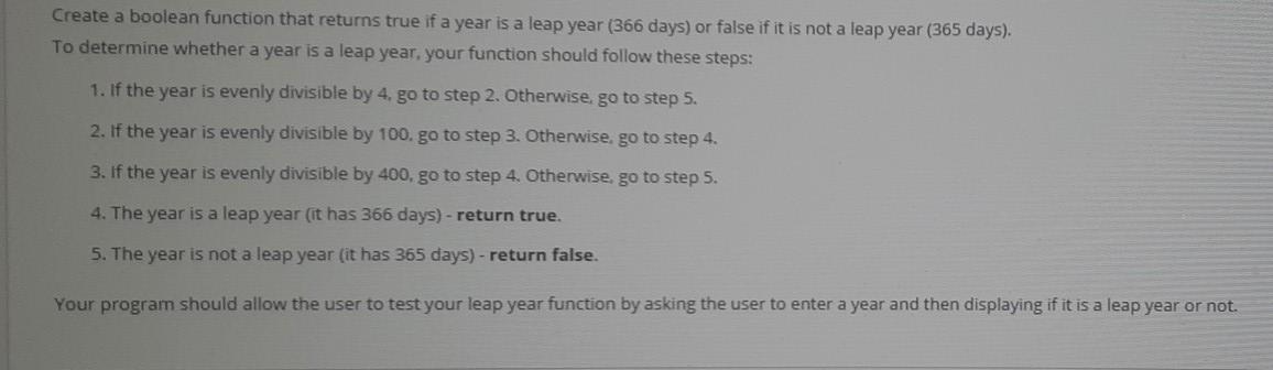 Solved Create a boolean function that returns true if a year | Chegg.com