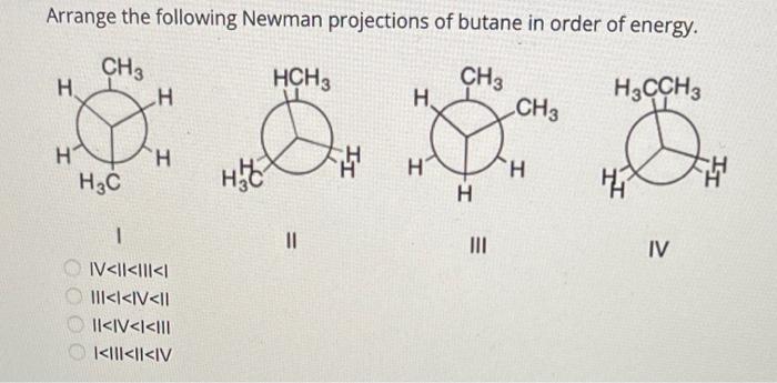 Solved Arrange the following Newman projections of butane in | Chegg.com