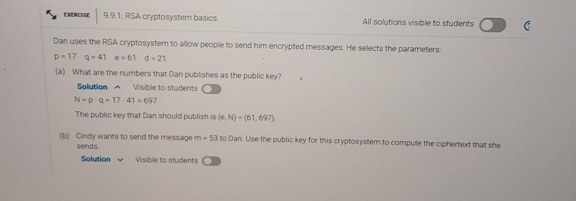 Solved 9.9.1: RSA cryptosystem basics. All solutions visible | Chegg.com