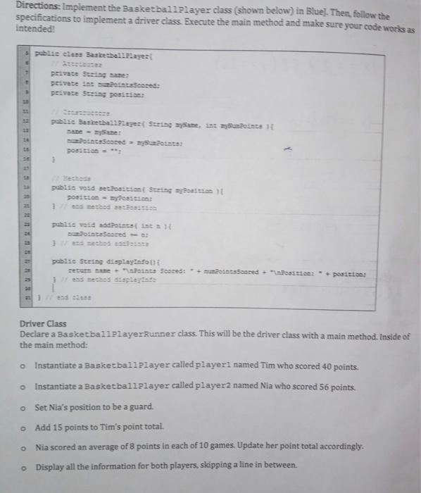 Solved Directions: Implement the Basketball player class | Chegg.com