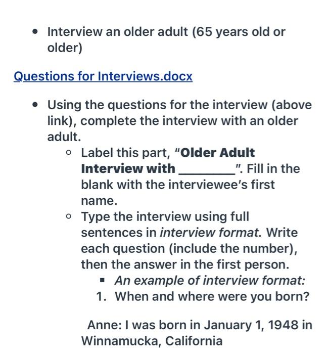 Interview an older adult (65 years old or older) | Chegg.com