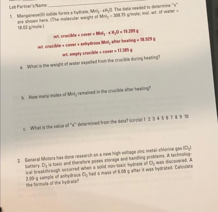 Solved Lab Partner's Name: 1. Manganese(II) iodide forms a | Chegg.com
