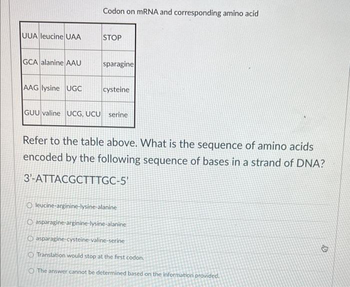 Solved Codon on mRNA and corresponding amino acid UUA | Chegg.com