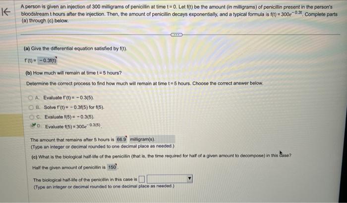 Solved A person is given an injection of 300 milligrams of | Chegg.com