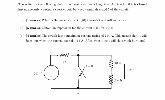 Solved The switch in the following circuit has been open for | Chegg.com