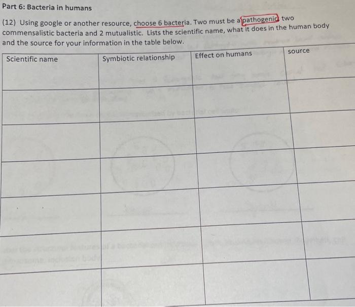 Solved Part 6: Bacteria in humans (12) Using google or | Chegg.com