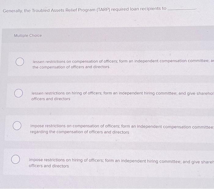 Solved Generally, the Troubled Assets Relief Program (TARP) | Chegg.com