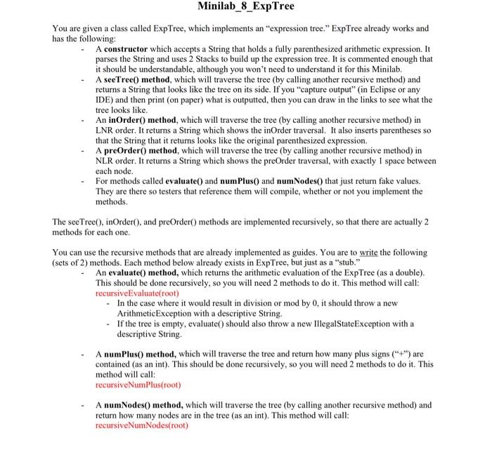 Solved Minilab_8_ExpTree You are given a class called | Chegg.com