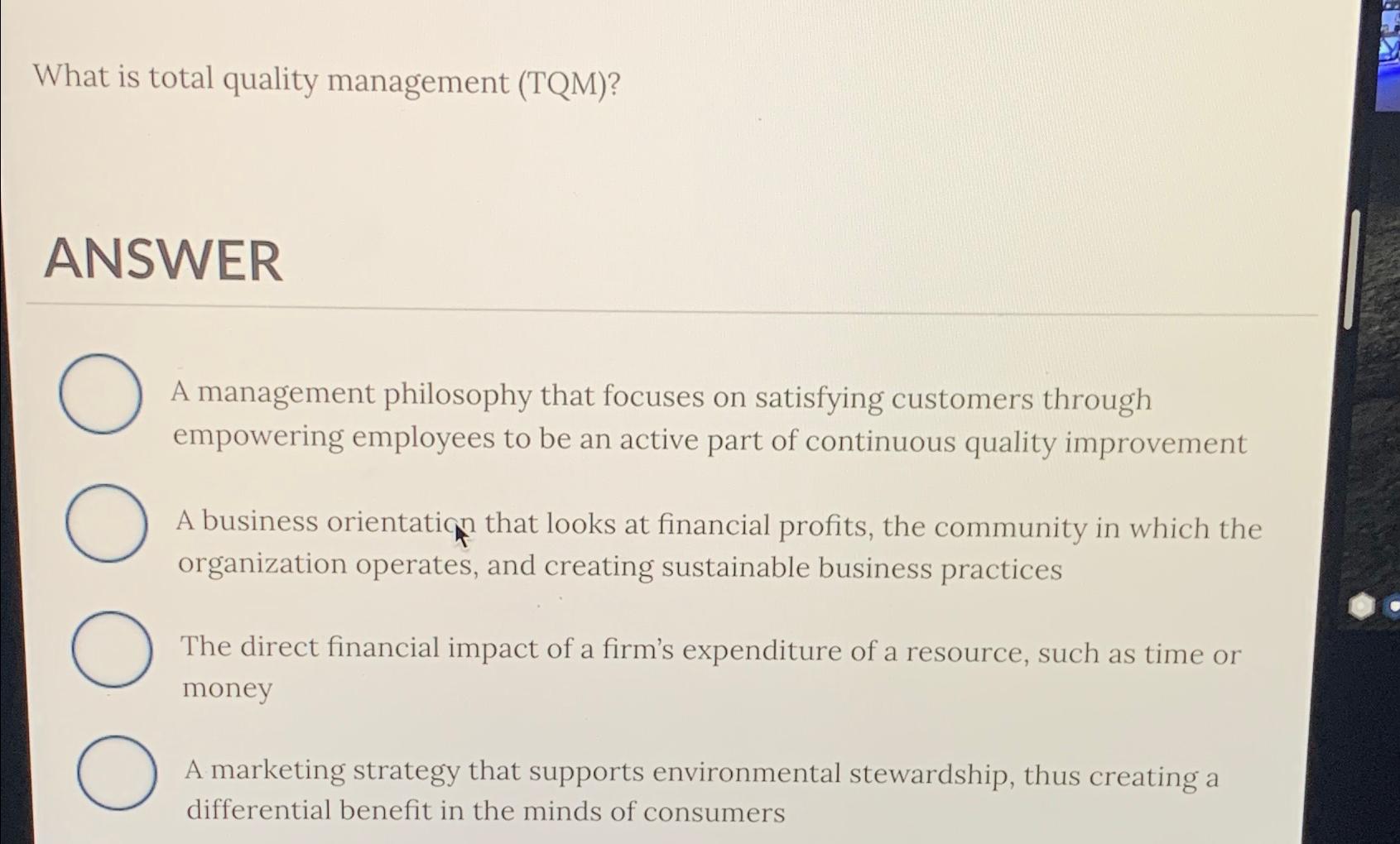 Solved What is total quality management (TQM)?ANSWERA | Chegg.com