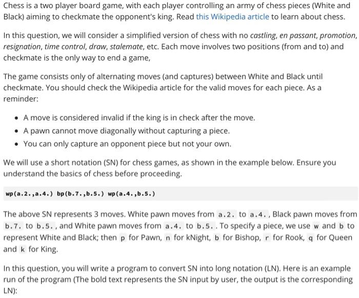 Solved Chess is a two player board game, with each player | Chegg.com