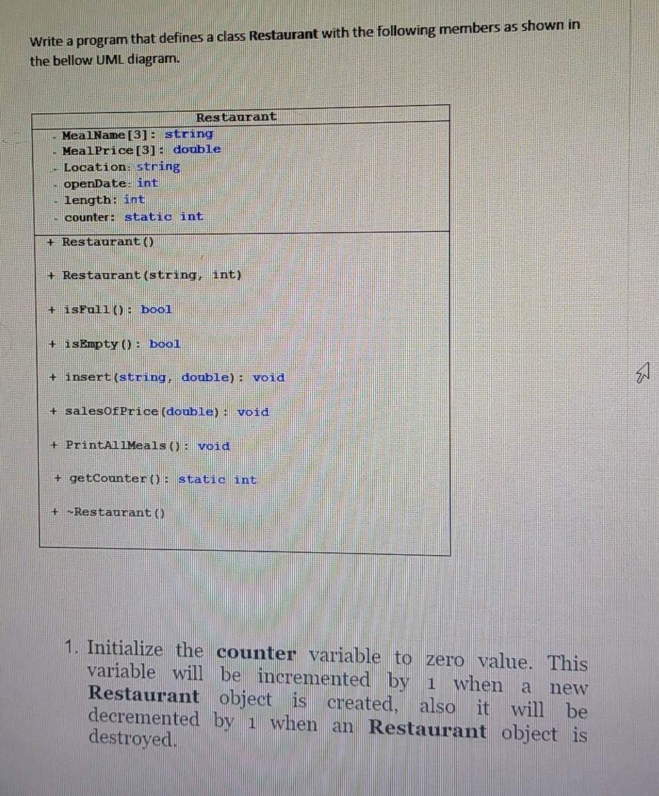 Solved Write a program that defines a class Restaurant with | Chegg.com