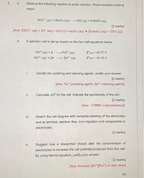 Solved 2. a. Balance the following reaction in acidic | Chegg.com