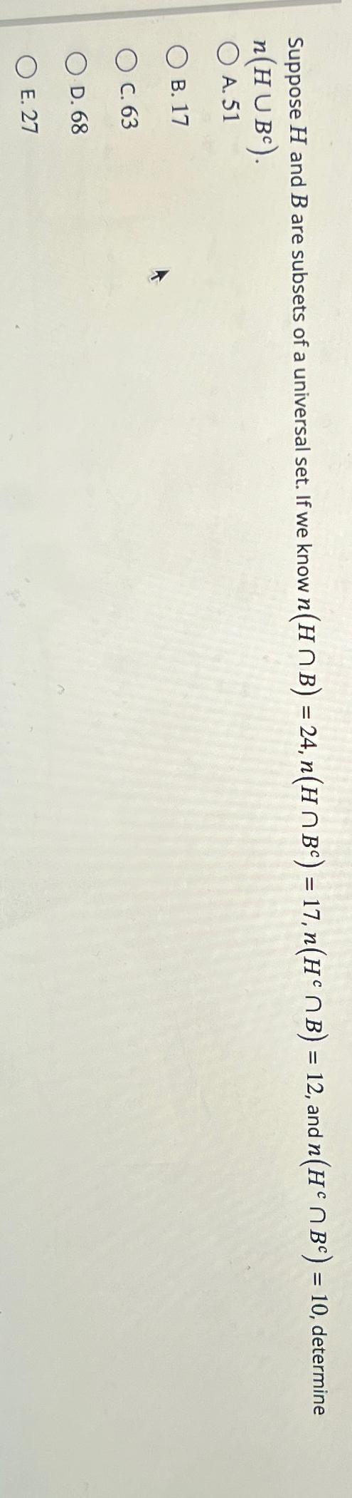 Solved Suppose H ﻿and B ﻿are subsets of a universal set. If | Chegg.com