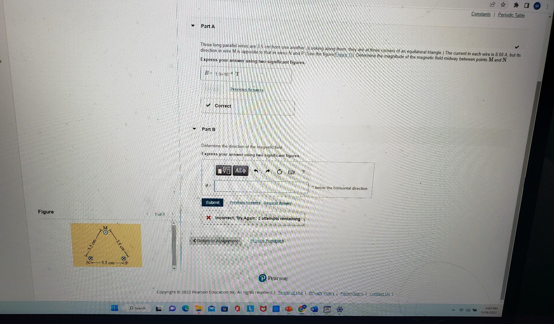 Solved Three long parallel wires are 3.5 cm from one another | Chegg.com