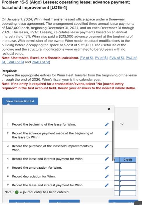 Solved Problem 15-5 (Algo) Lessee; operating lease; advance | Chegg.com