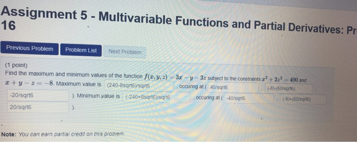 Solved Assignment 5 - Multivariable Functions and Partial | Chegg.com