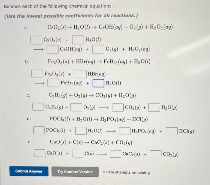 Solved Balance each of the following chemical equations. | Chegg.com