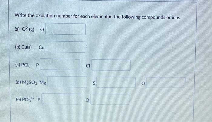 Solved Write the oxidation number for each element in the | Chegg.com