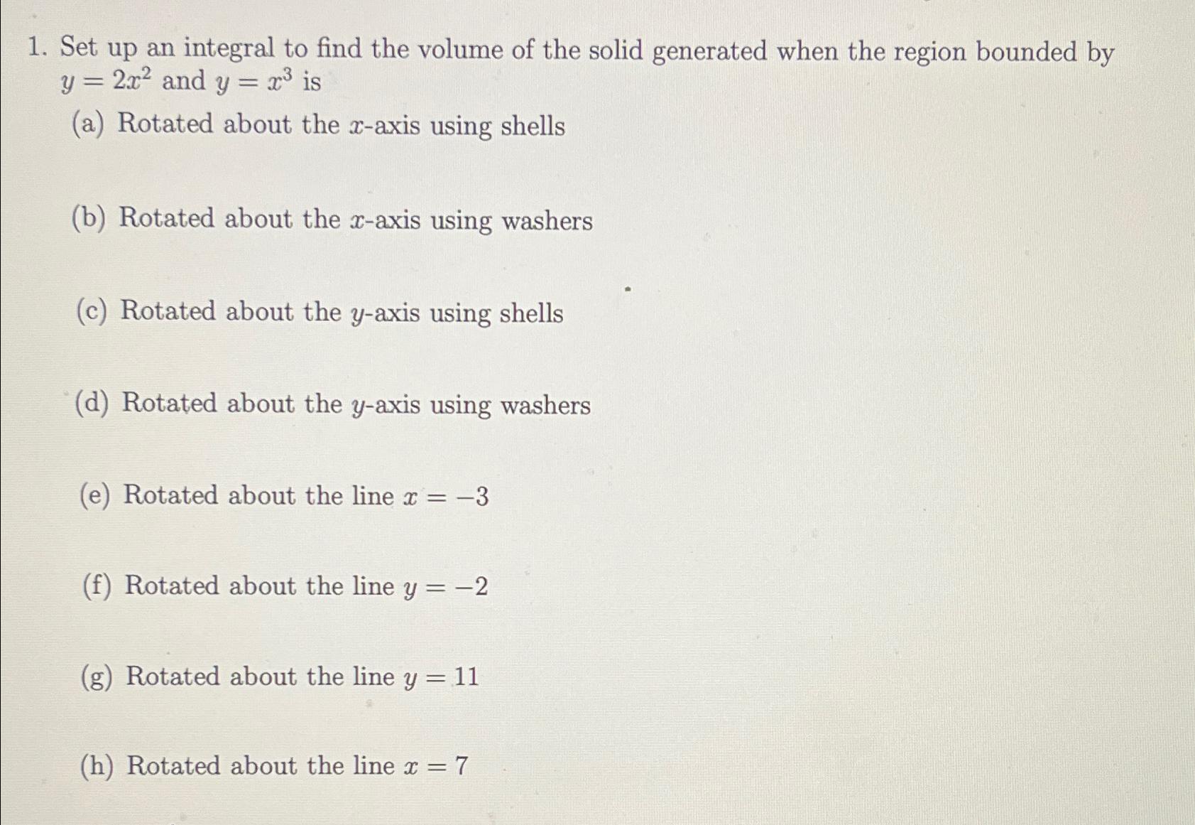 Solved Set up an integral to find the volume of the solid | Chegg.com