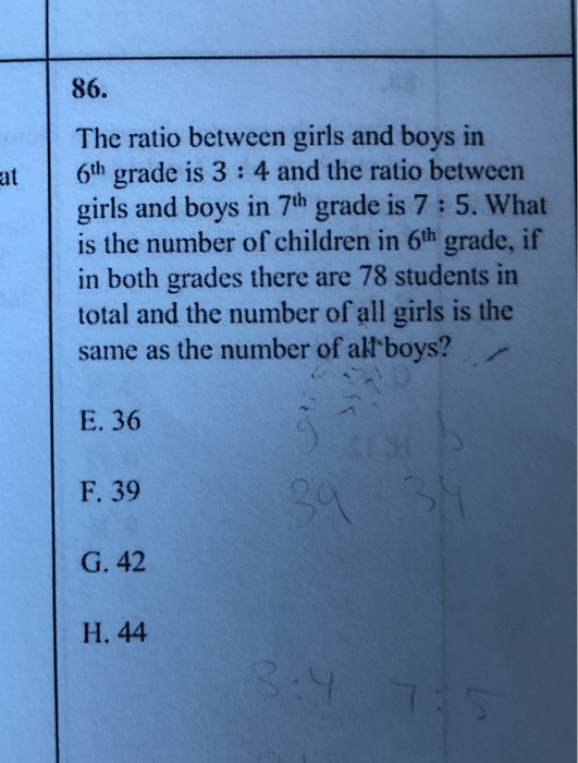 Solved 86. The ratio between girls and boys in 6th grade is | Chegg.com