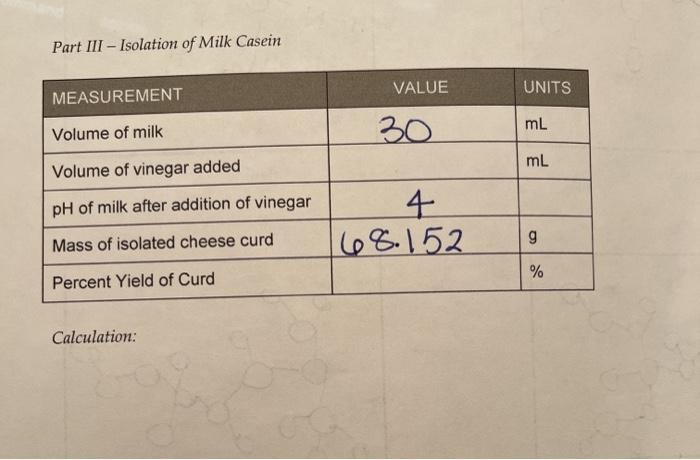 Solved Part III - Isolation of Milk Casein VALUE UNITS 30 | Chegg.com