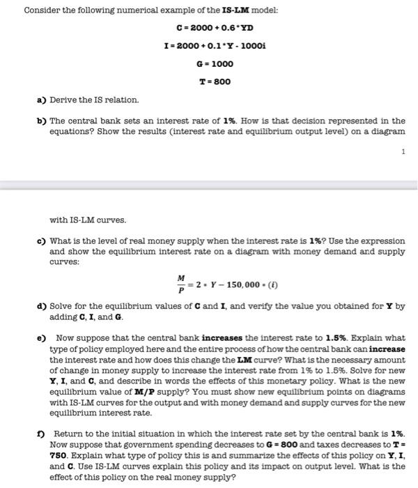 Solved Consider the following numerical example of the IS-LM | Chegg.com