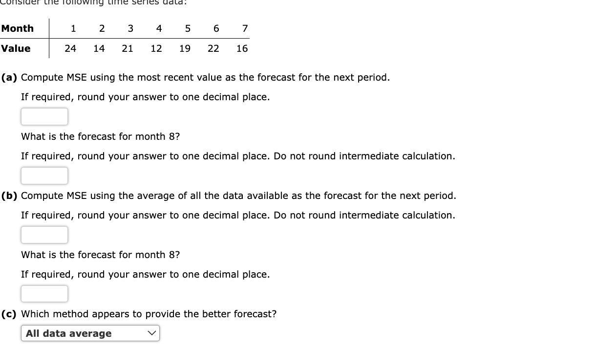 Solved (a) ﻿Compute MSE using the most recent value as the | Chegg.com