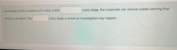 Solved According to Fink's anatomy of a crisis, in the | Chegg.com