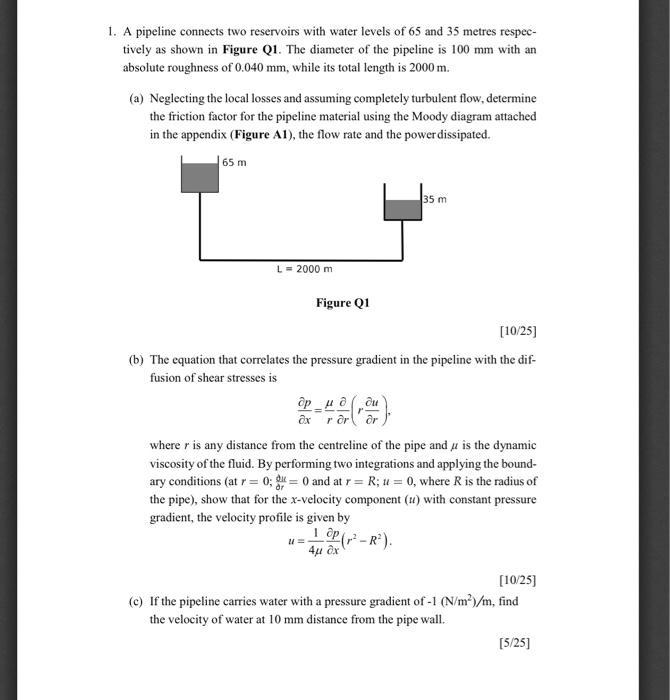 Solved 1. A pipeline connects two reservoirs with water | Chegg.com