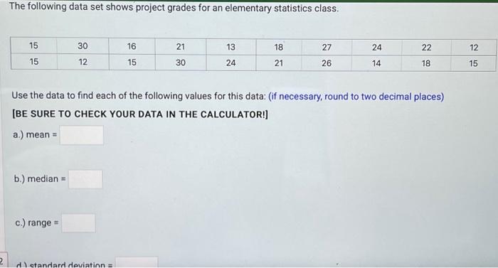 Solved The following data set shows project grades for an | Chegg.com
