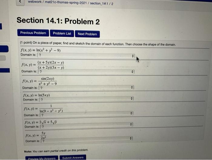 Solved webwork / mat21c-thomas-spring-2021 / section_14.1/2 | Chegg.com