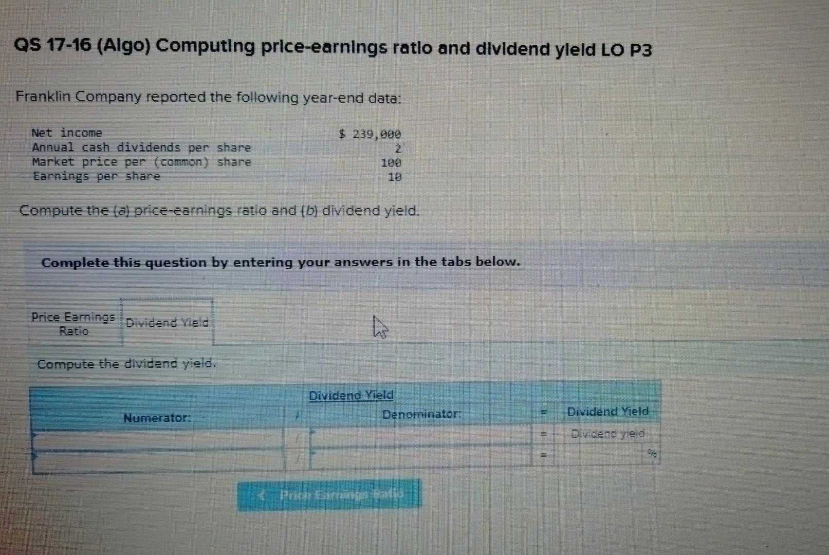 Solved QS 17-16 (Algo) ComputIng price-earnings ratlo and | Chegg.com