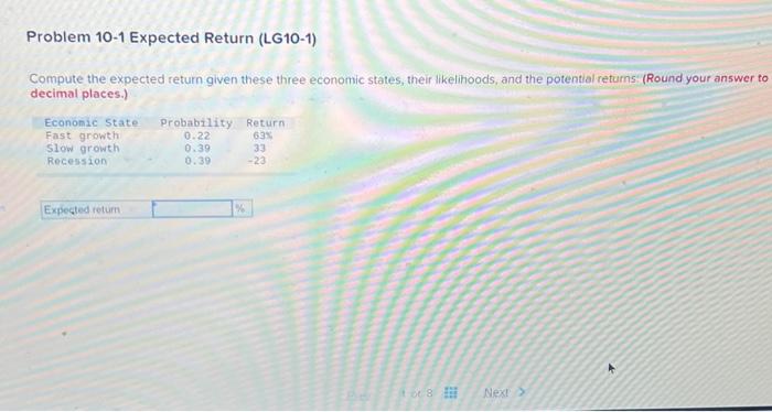 Solved Problem 10-1 Expected Return (LG10-1) Compute the | Chegg.com Solved Problem 10-1 Expected Return (LG10-1) Compute the | Chegg.com