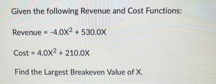 Solved Given the following Revenue and Cost Functions: | Chegg.com