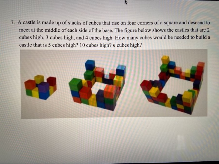Solved 7. A castle is made up of stacks of cubes that rise | Chegg.com
