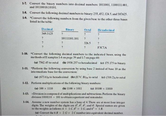 Solved 1-7. Convert the binary numbers into decimal numbers: | Chegg.com