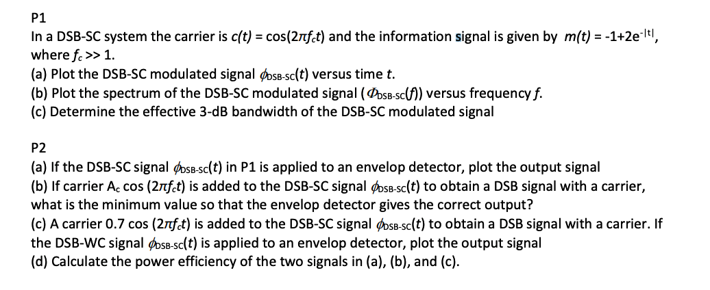 Solved In a DSB-SC system the carrier is c(t)=cos(2πfct) and | Chegg.com