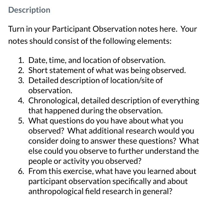 Solved Description Turn in your Participant Observation | Chegg.com