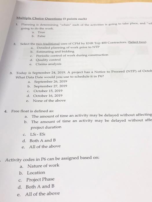 Solved Multiple Choice Questions (3 points each) 1. Planning | Chegg.com